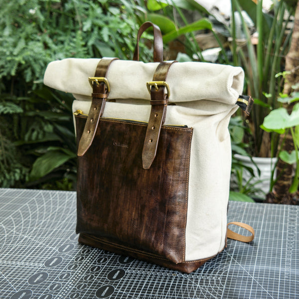【PDF Pattern】Roll top canvas backpack, plant tanned leather backpack;